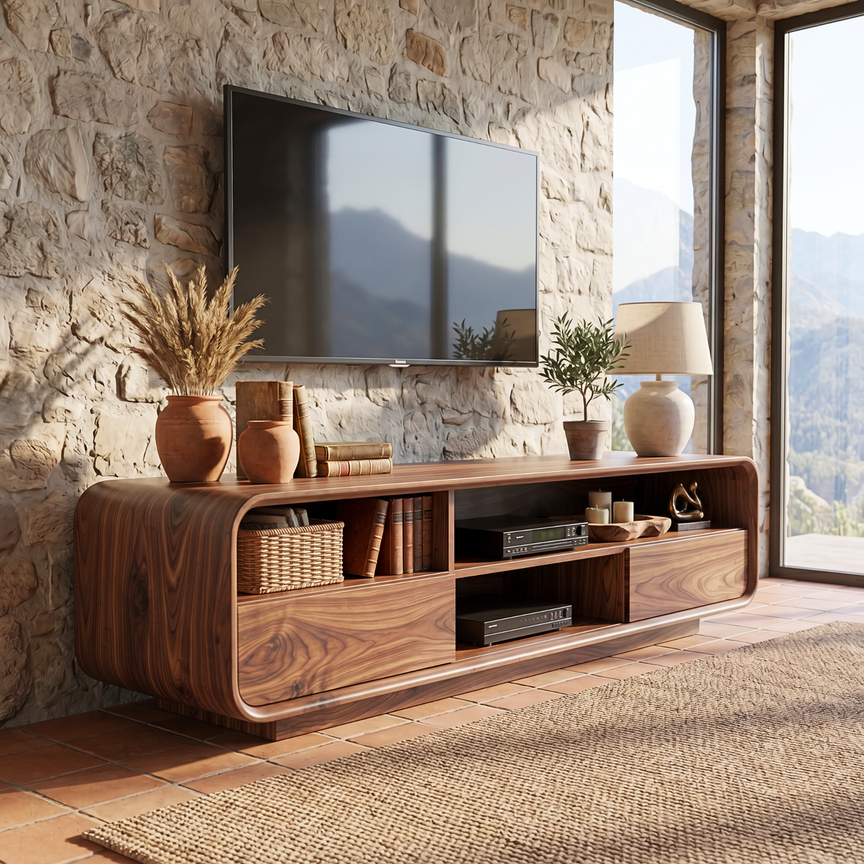 Solid Wood TV Stand with Rounded Frame and Open Media Storage – Soxyape